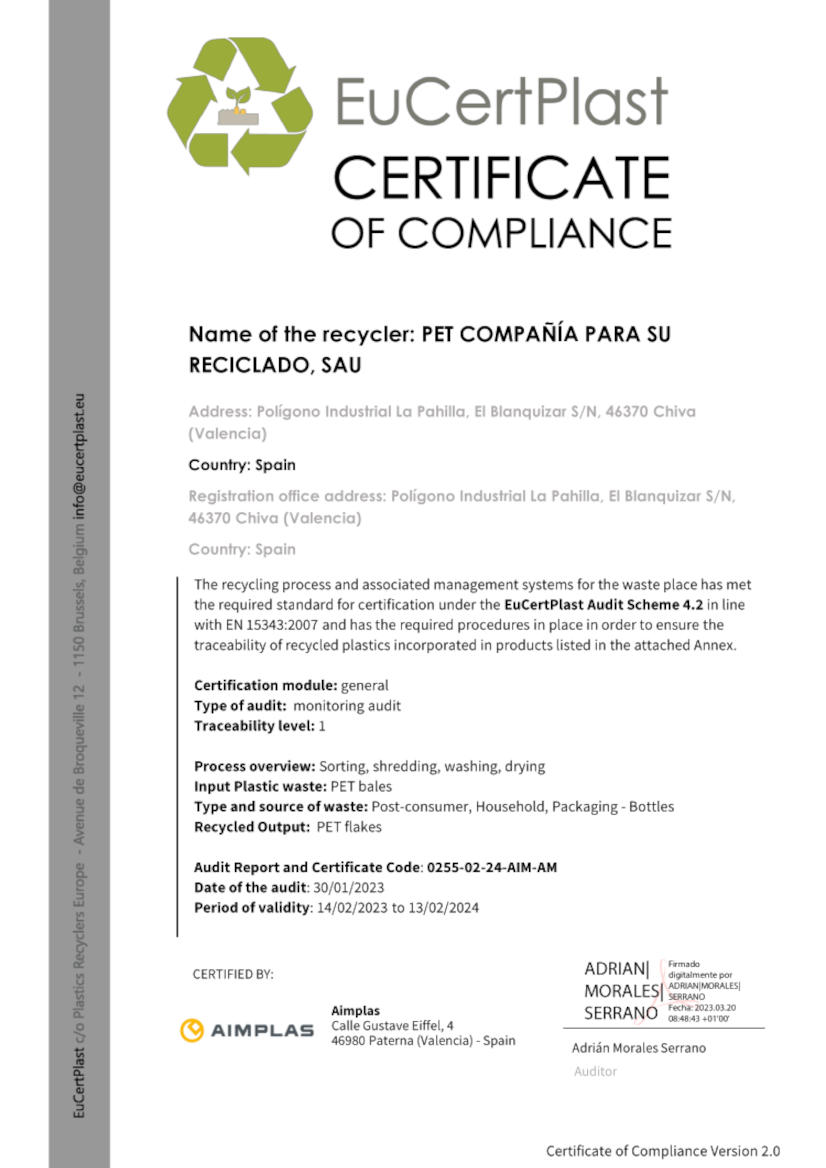 CERTIFICACIONES | PET COMPAÑÍA PARA SU RECICLADO